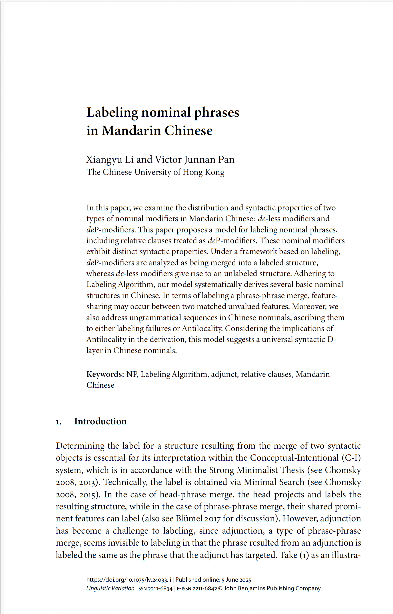 Publication of "Labeling Nominal Phrases in Mandarin Chinese" in Linguistics Variation | Pan's ...